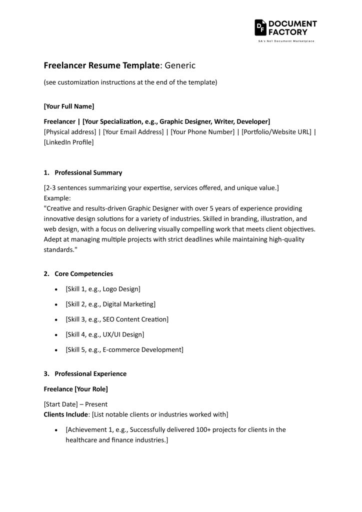 Freelancer Resume Template – Document Factory