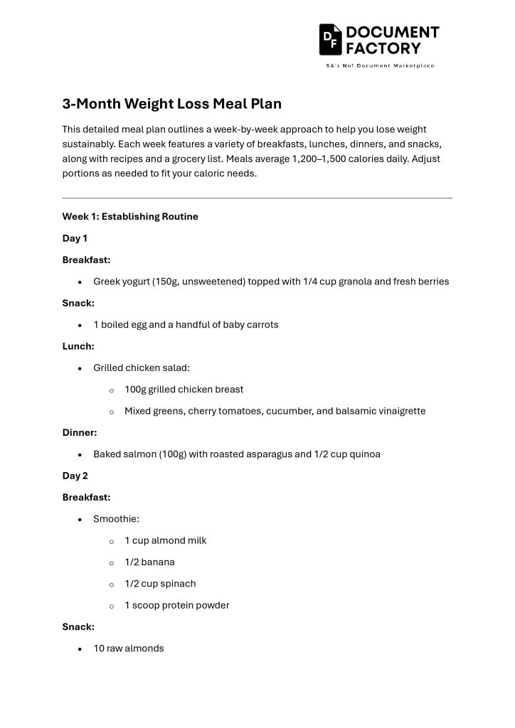 3-Month Weight Loss Meal Plan – Document Factory