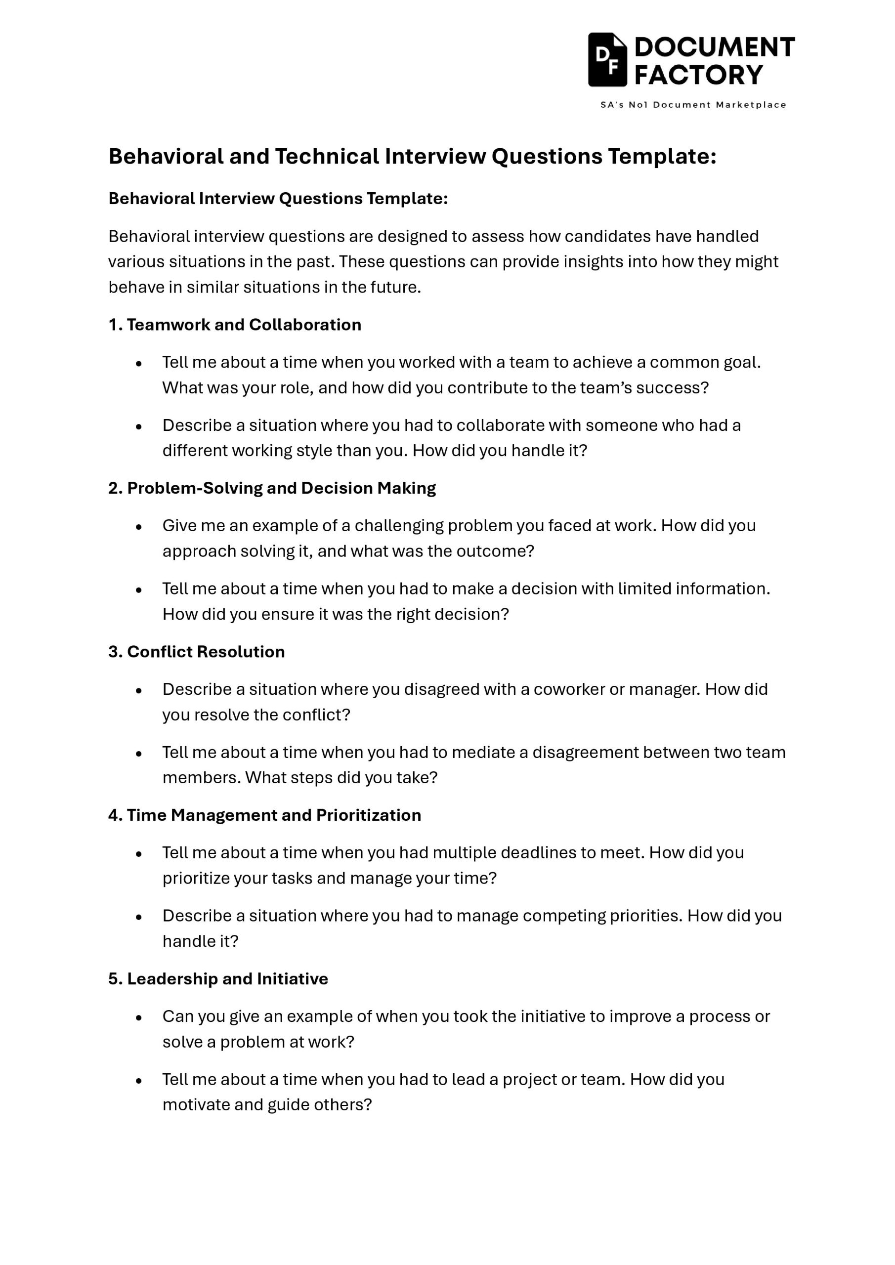 Behavioral and Technical Interview Questions Template – Document Factory