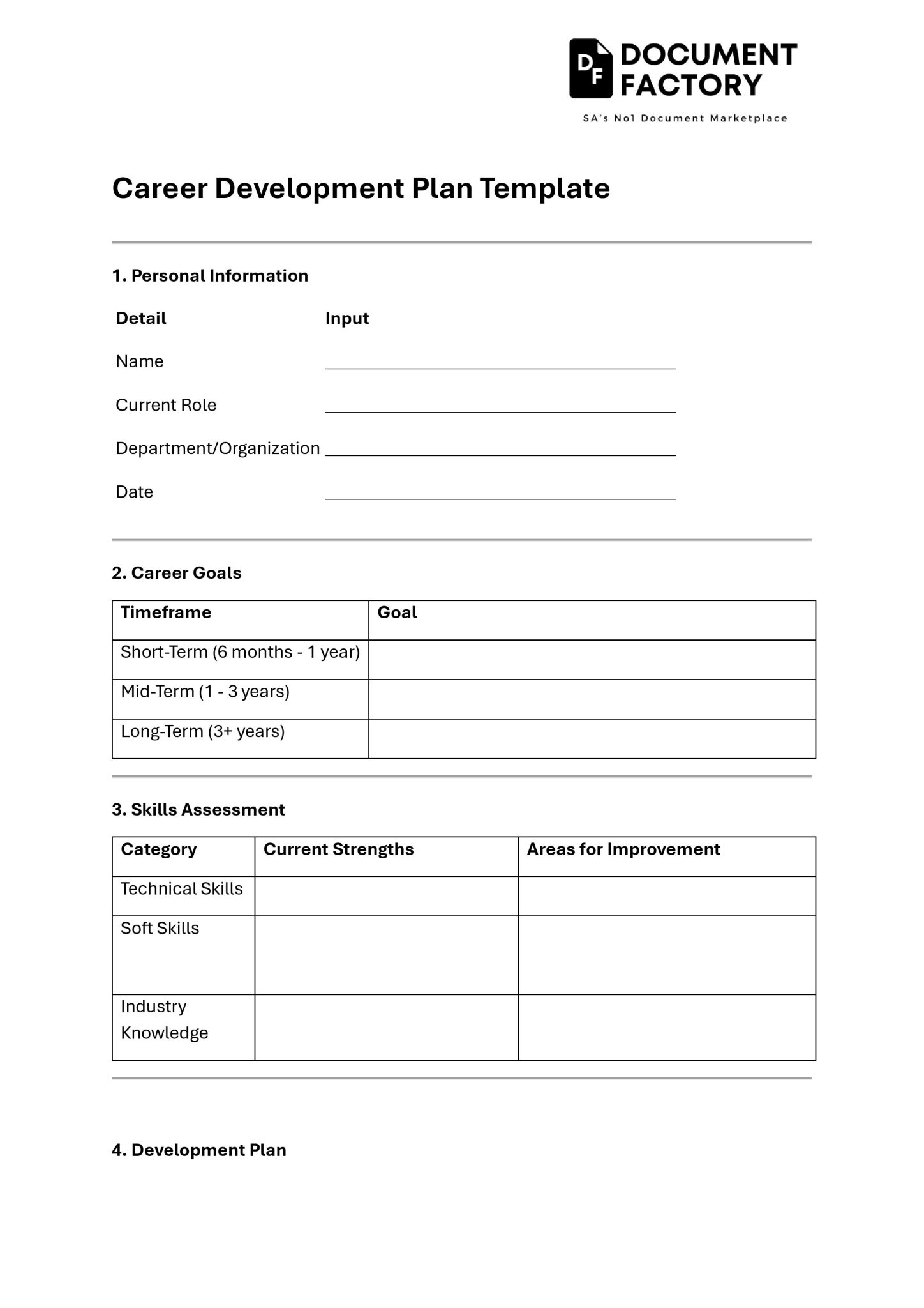 Career Development Plan Template – Document Factory