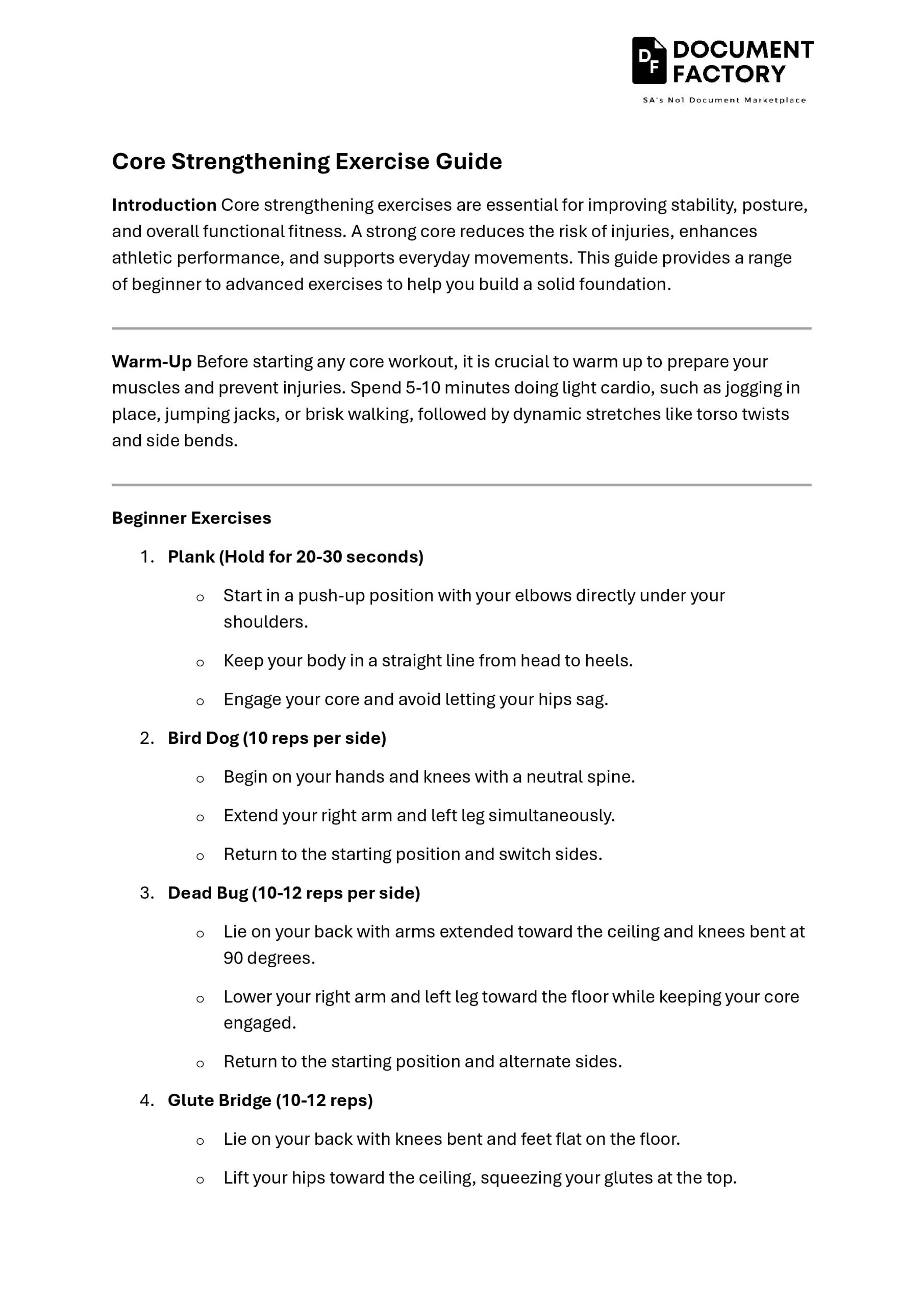 Core Strength Exercise Guide – Document Factory