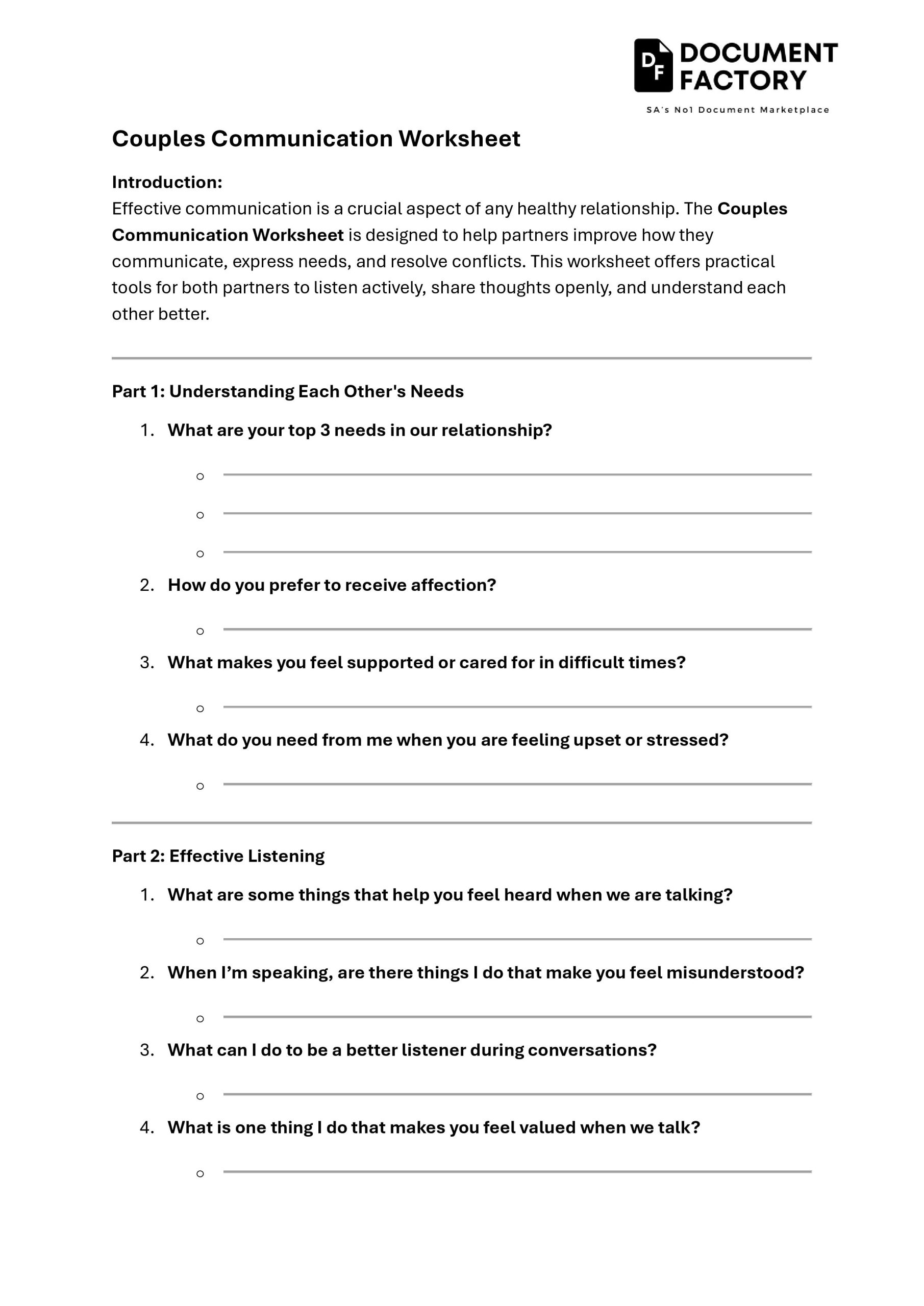 Couples Communication Worksheet – Document Factory