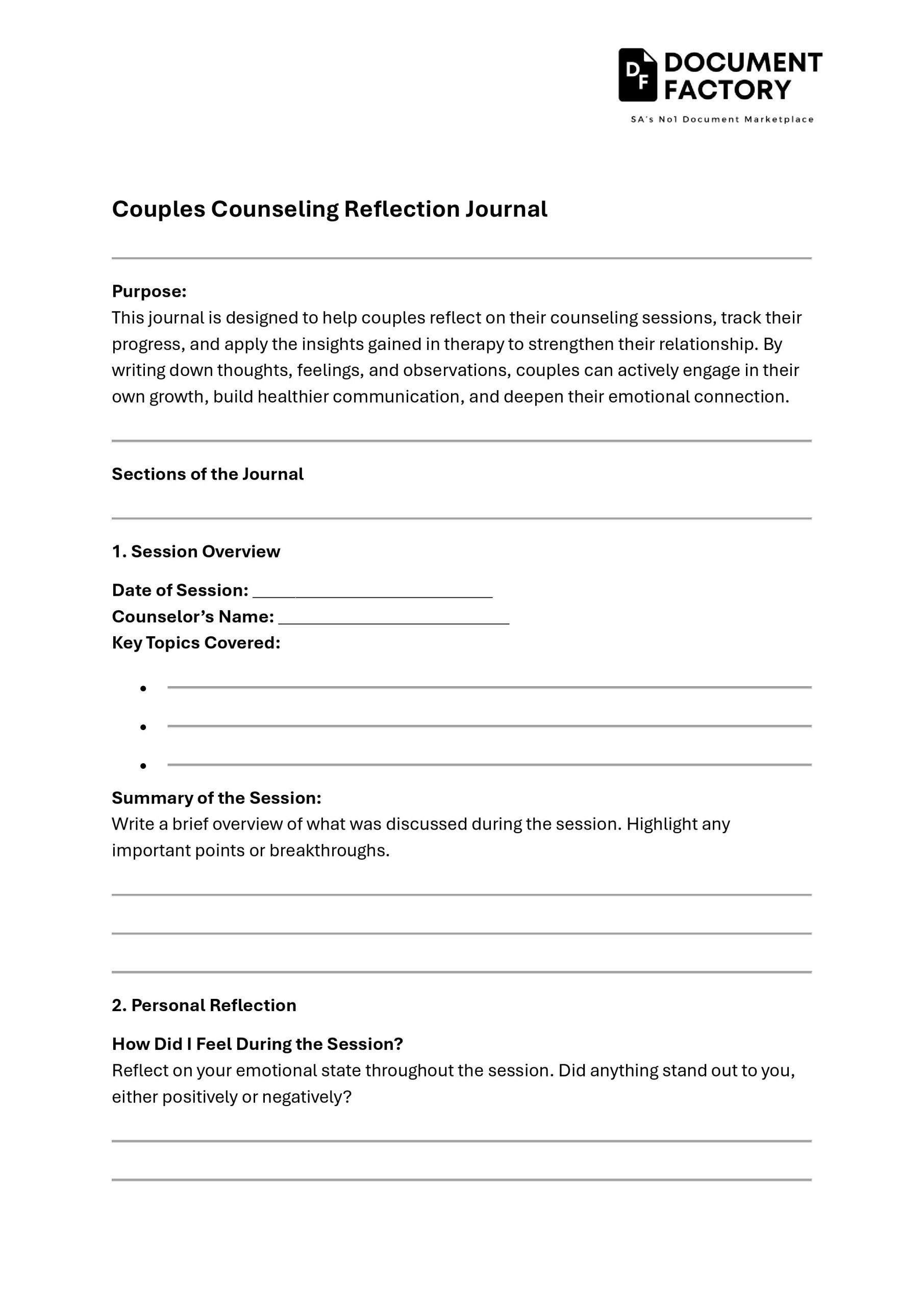 Couples Counseling Reflection Journal – Document Factory