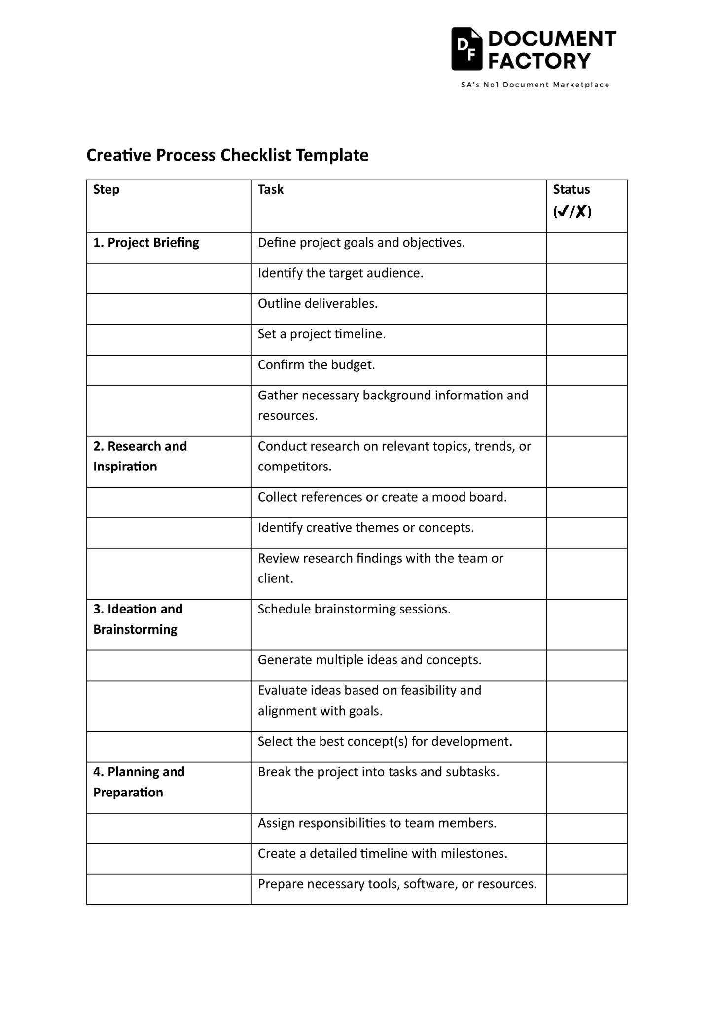 Creative Process Checklist Template – Document Factory