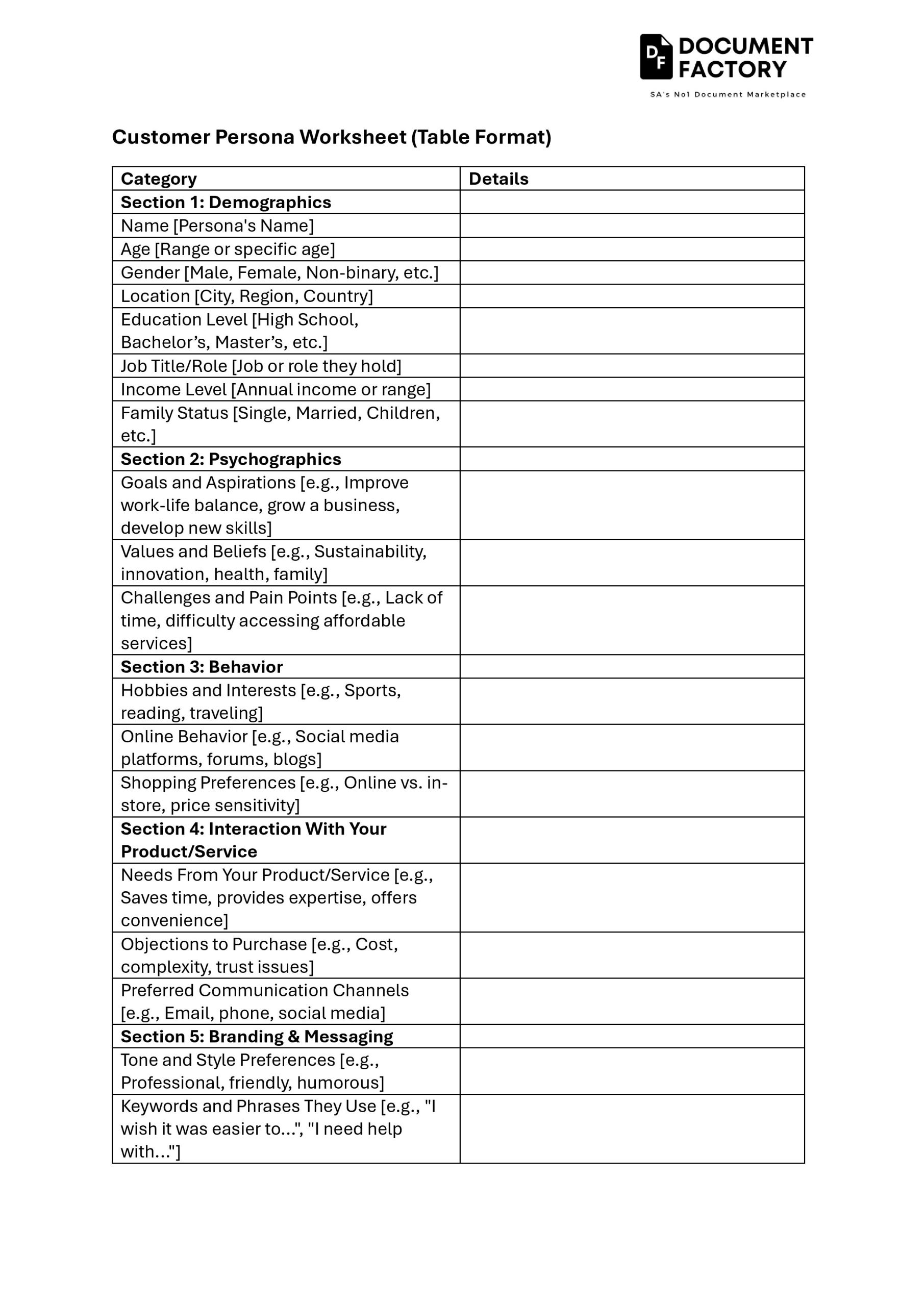 Customer Persona Worksheet – Document Factory