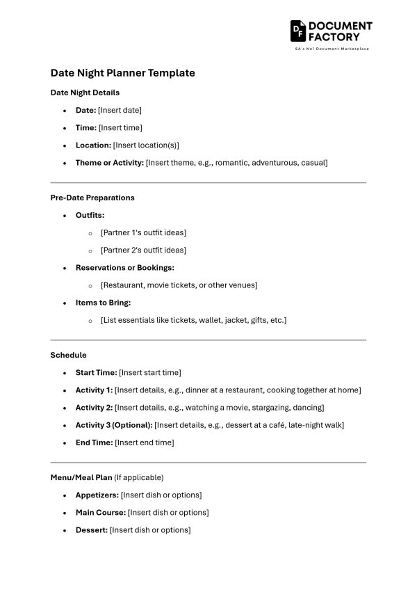 Date Night Planner Template – Document Factory