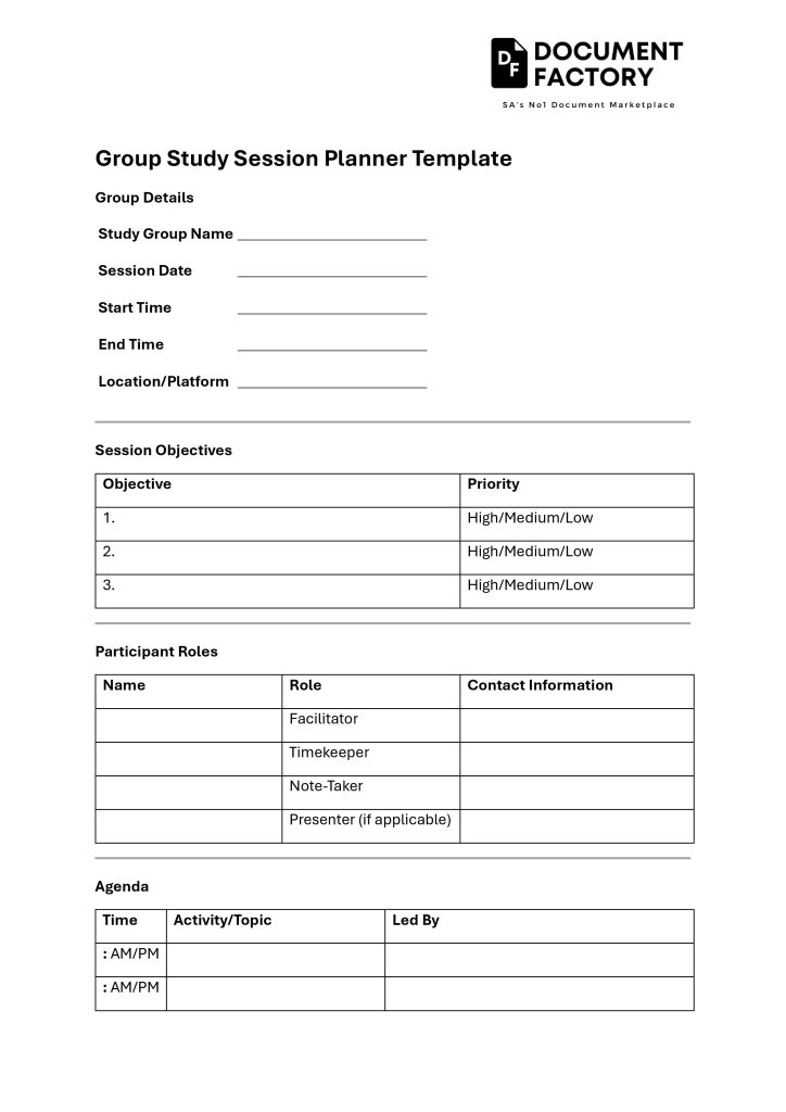Group Study Session Planner Template – Document Factory