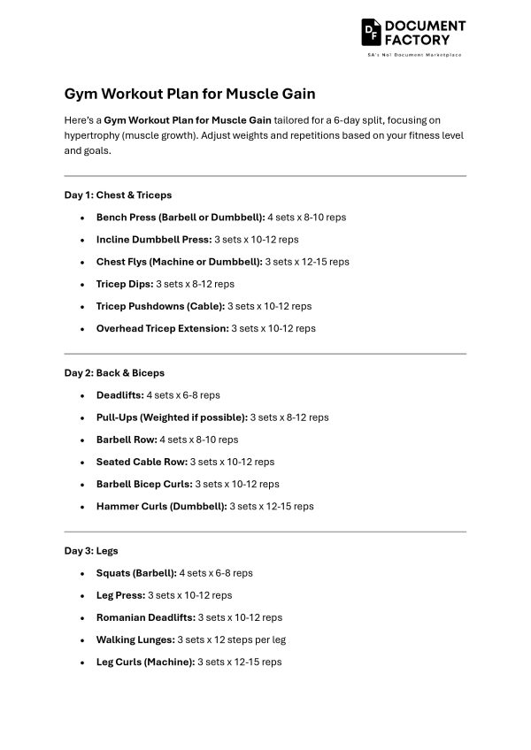 Gym Workout Plan for Muscle Gain – Document Factory