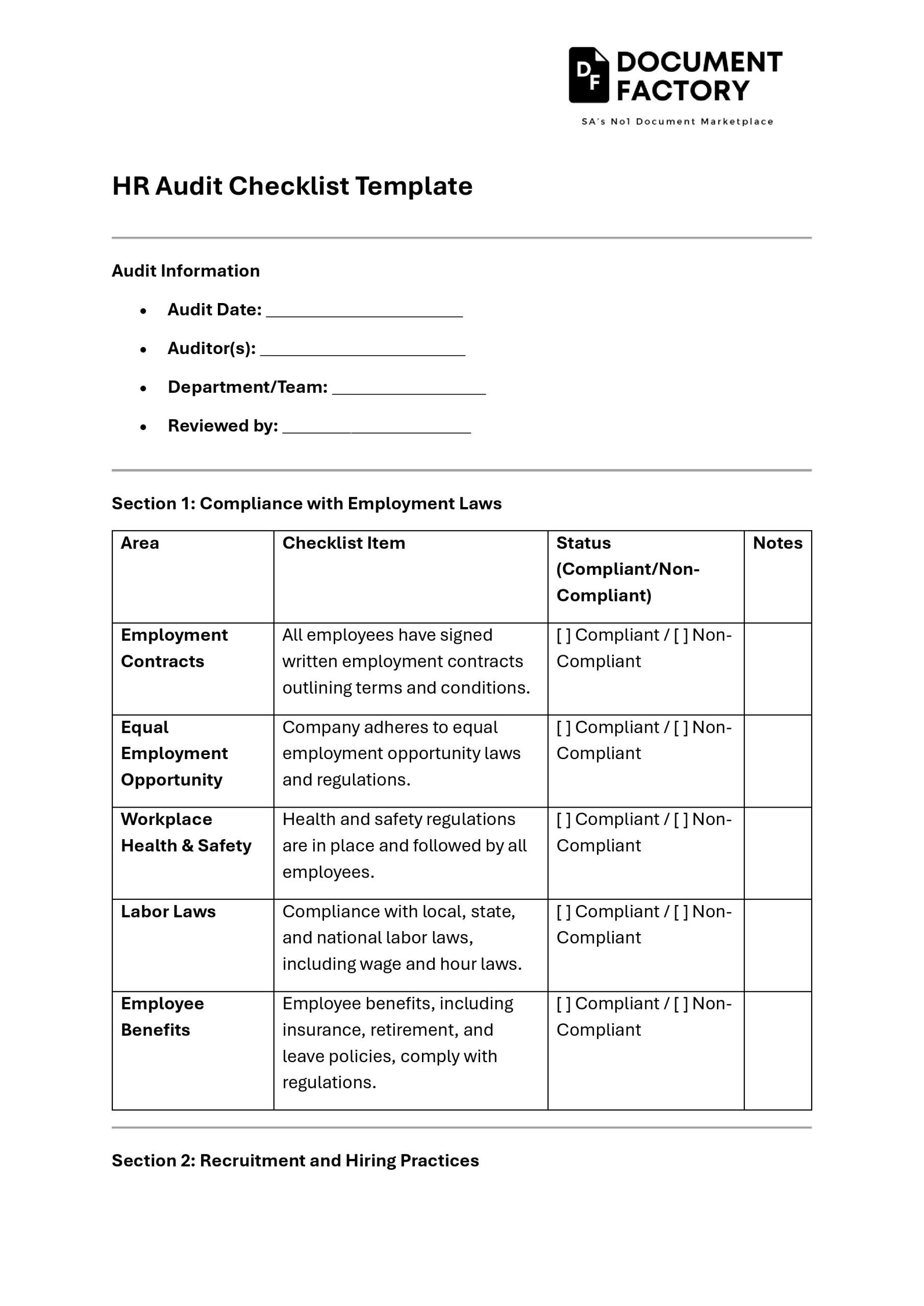 HR Audit Checklist Template – Document Factory