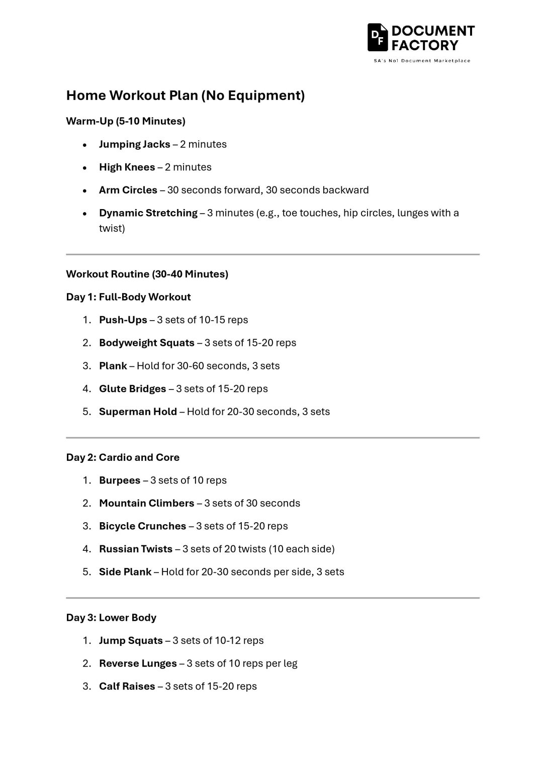 Home Workout Plan (No Equipment) – Document Factory