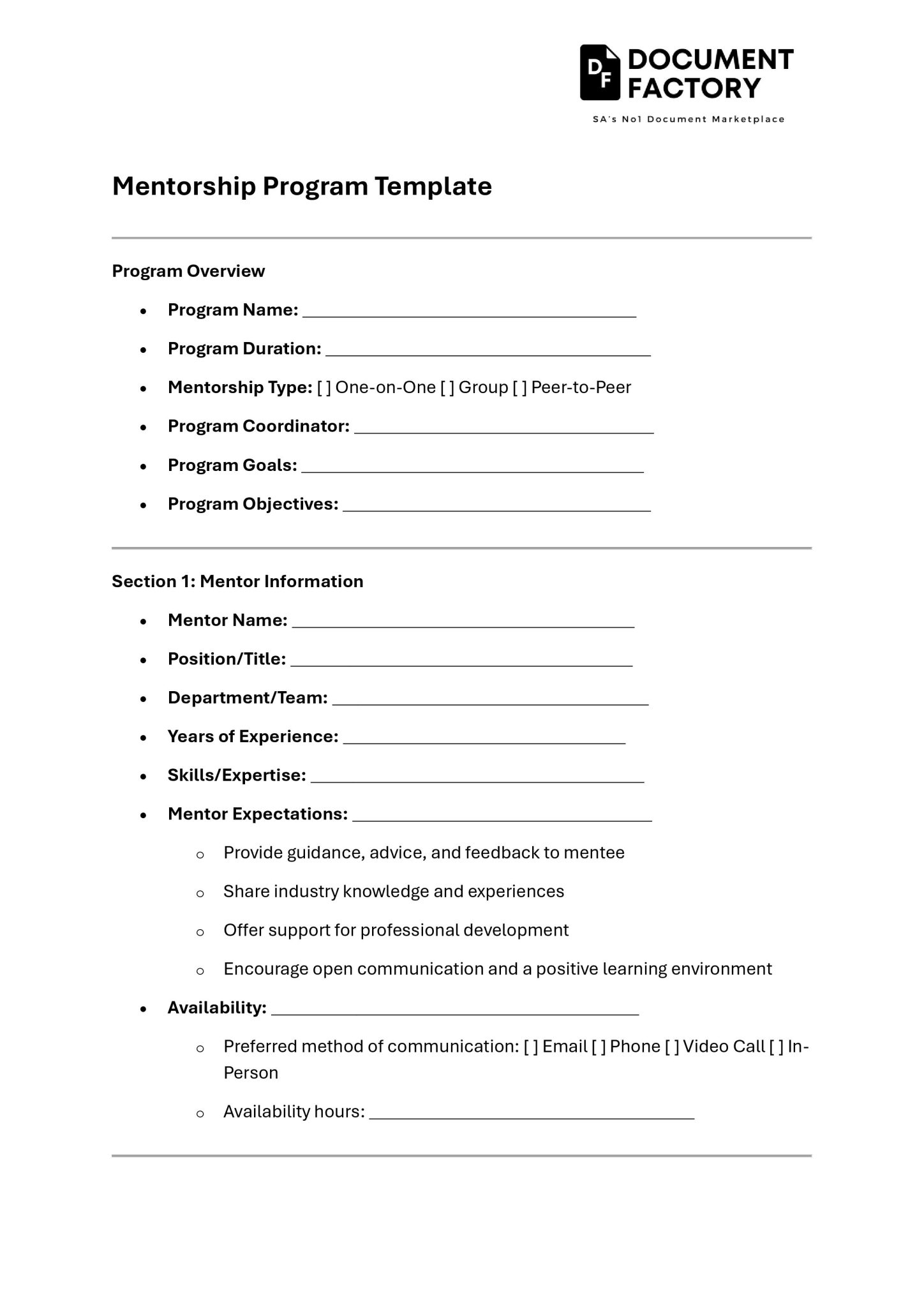 Mentorship Program Template - Document Factory