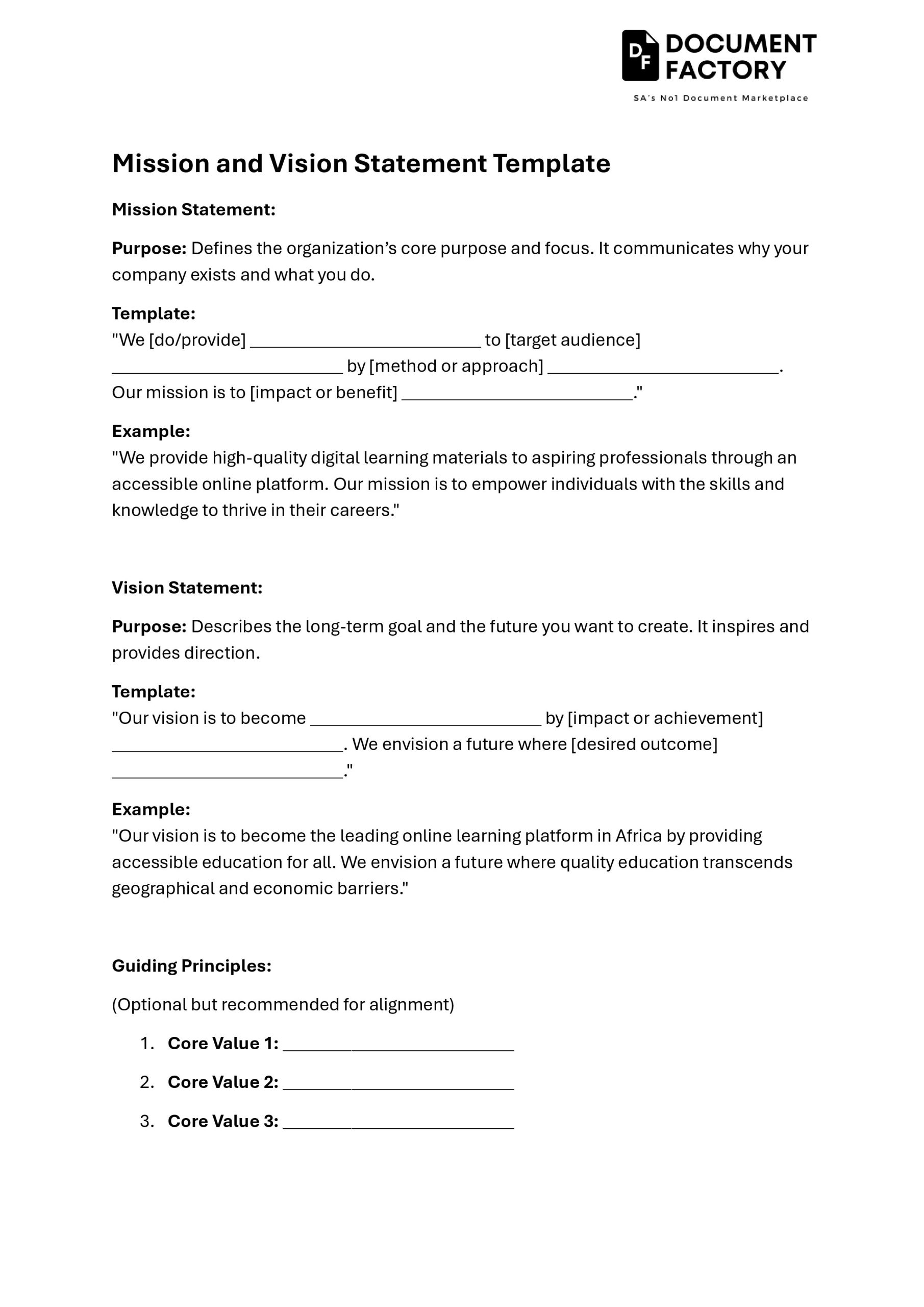 Mission and Vision Statement Template – Document Factory