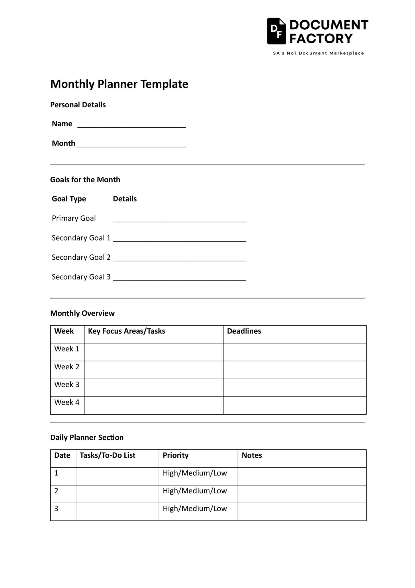 Monthly Planner Template – Document Factory