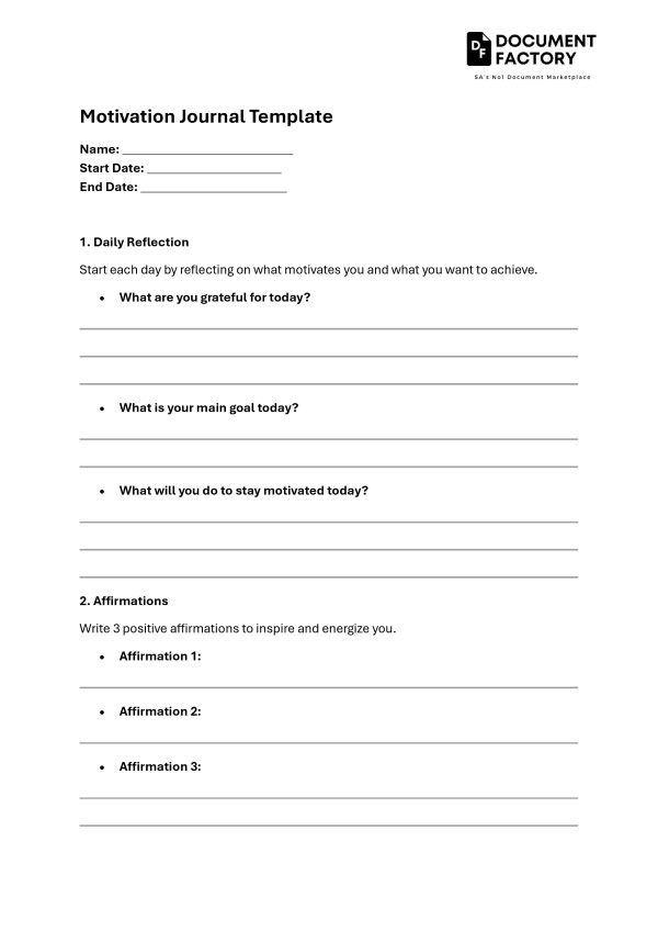 Motivation Journal Template – Document Factory
