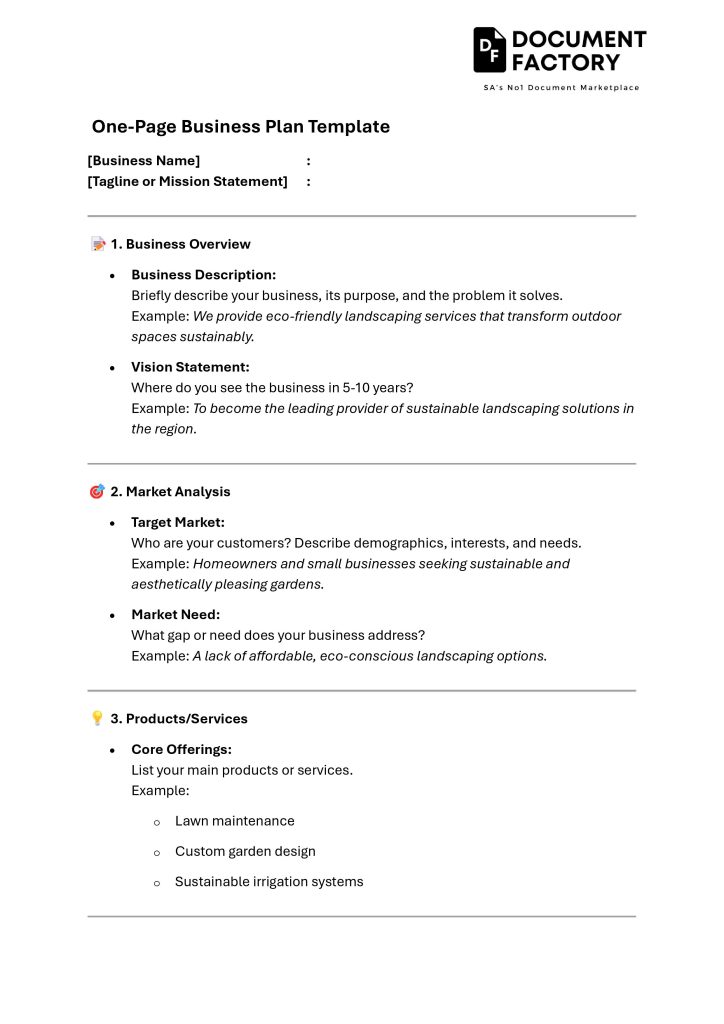 One-Page Business Plan Template – Document Factory