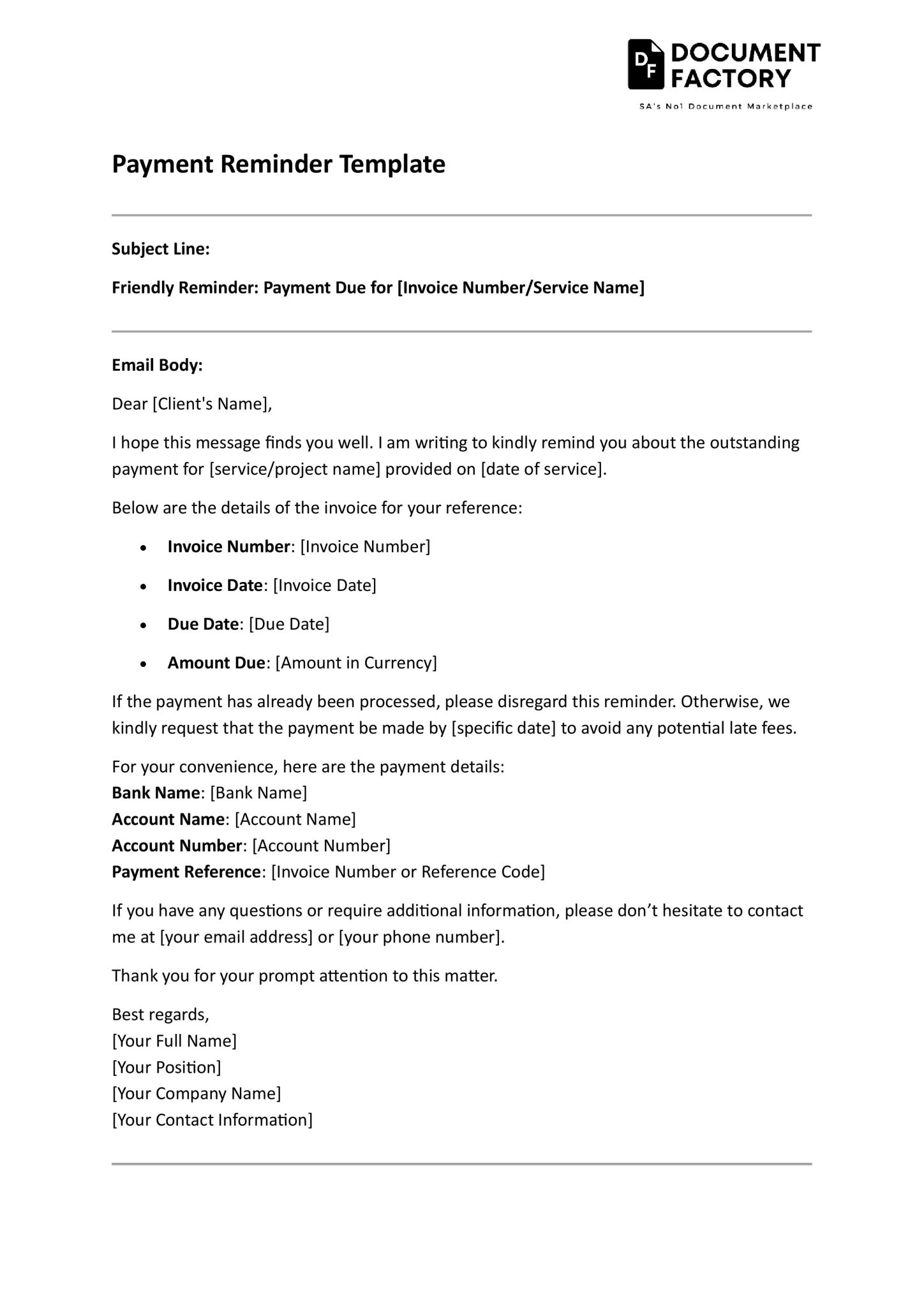 Payment Reminder Template – Document Factory
