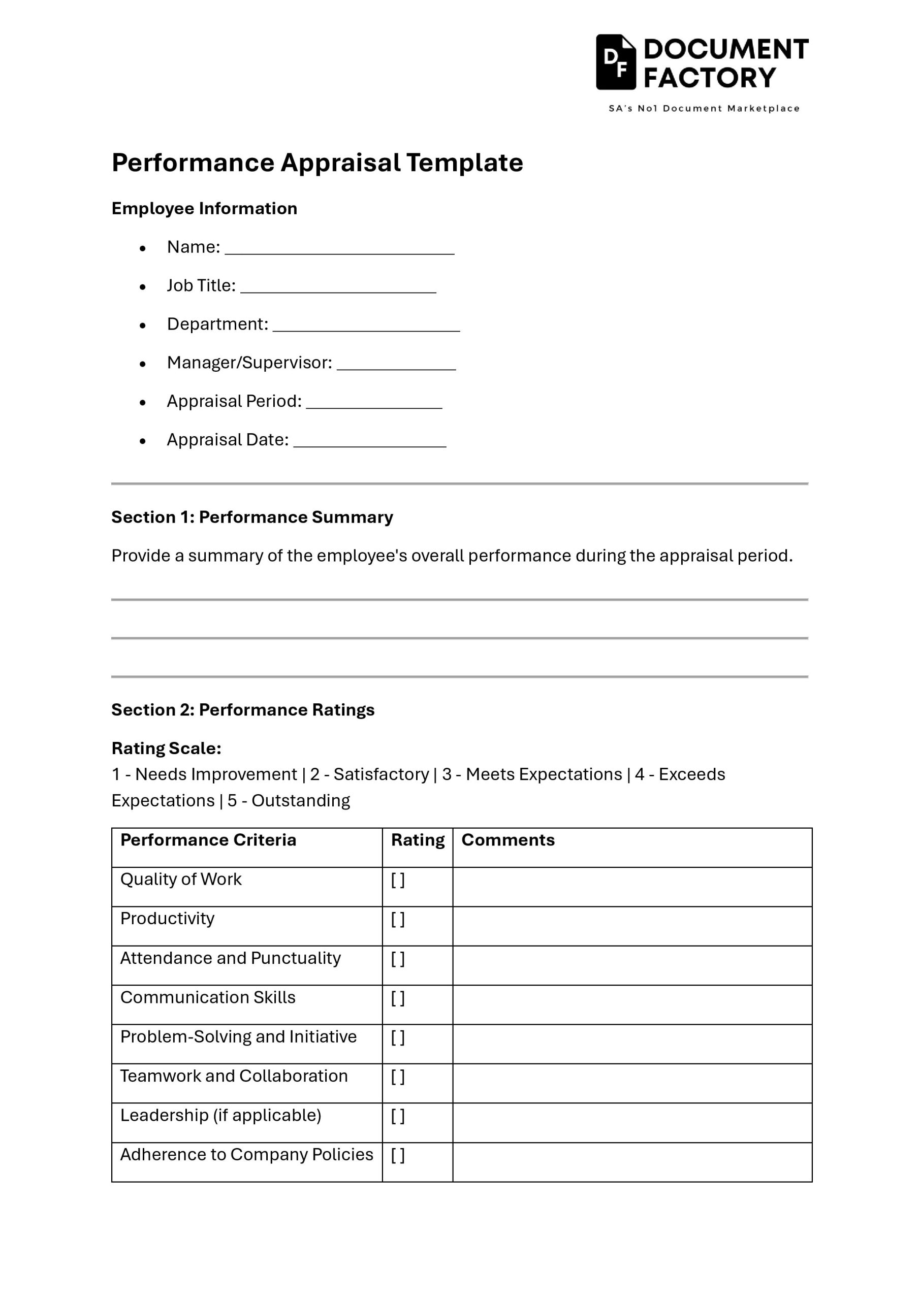 Performance Appraisal Template – Document Factory