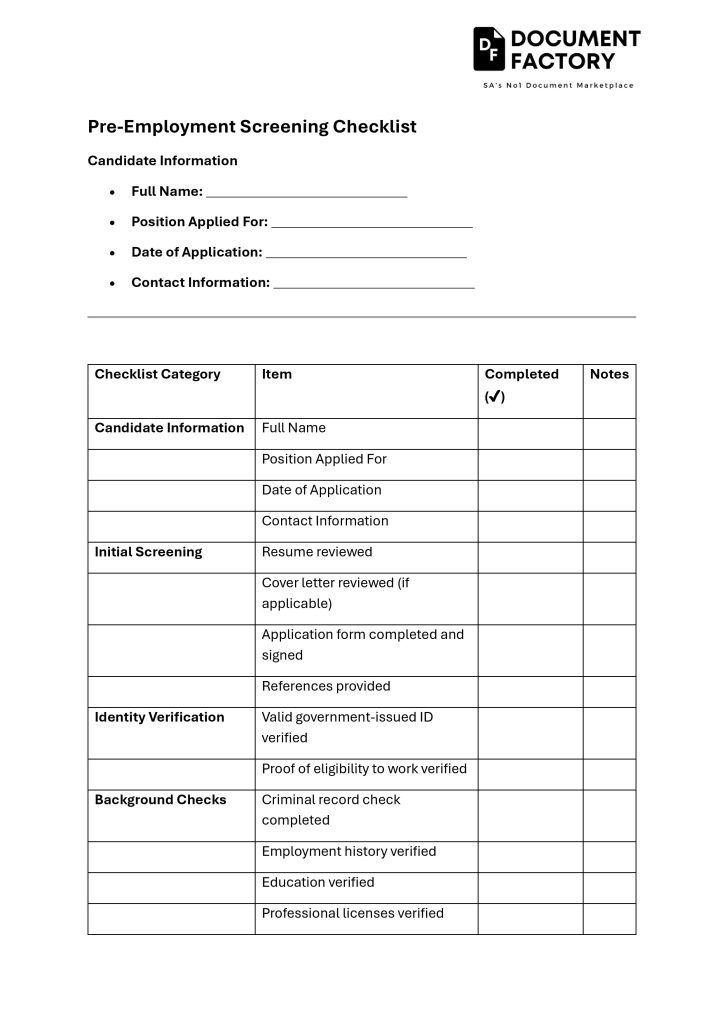 Pre-Employment Screening Checklist – Document Factory