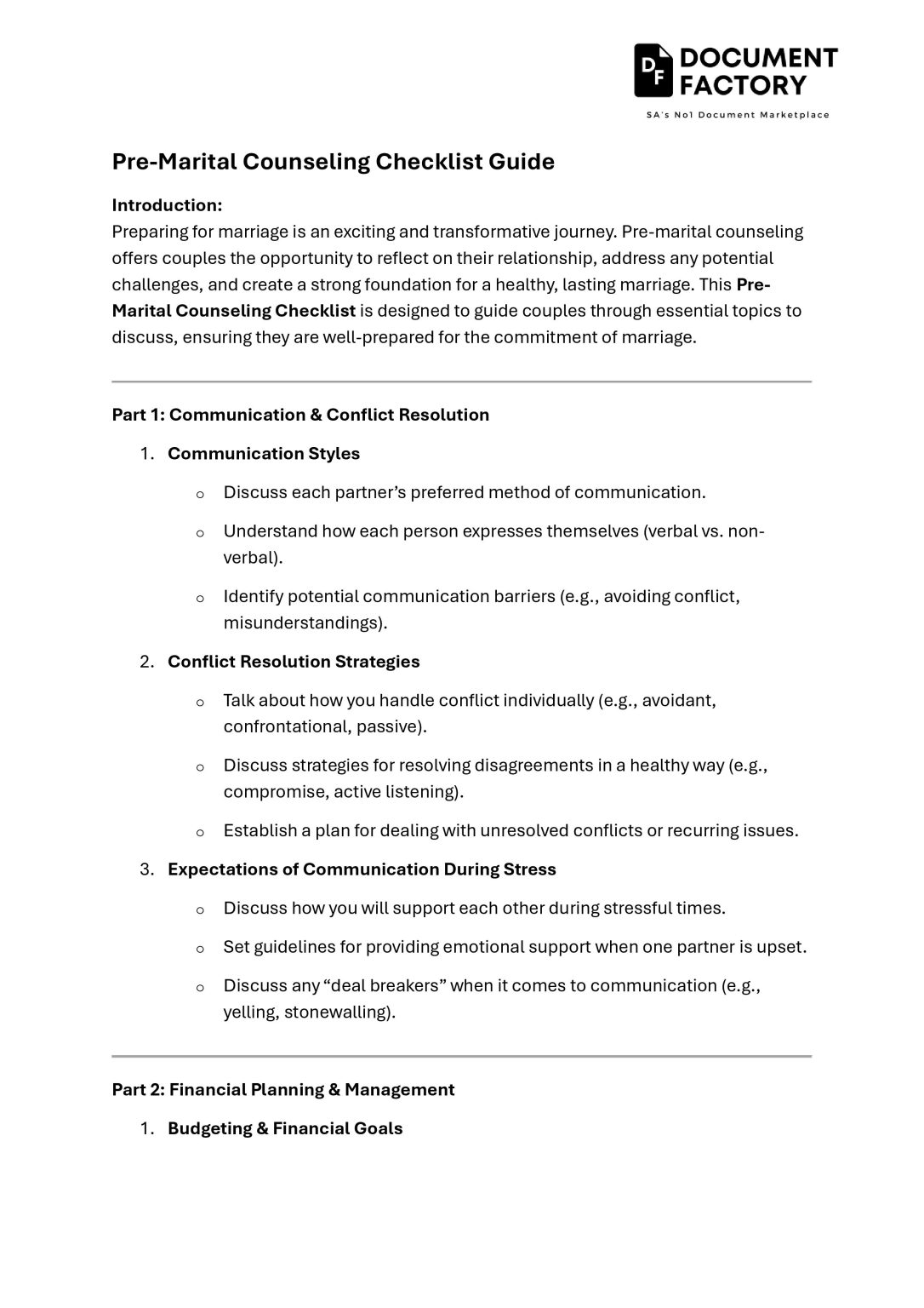 Pre-Marital Counseling Checklist – Document Factory