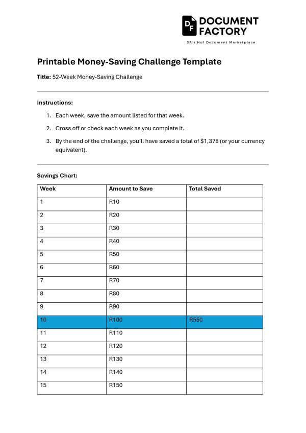 Printable Money-Saving Challenge Template – Document Factory