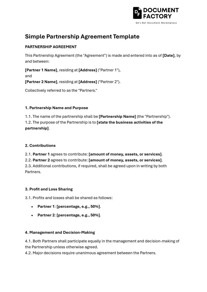 Simple Partnership Agreement Template – Document Factory