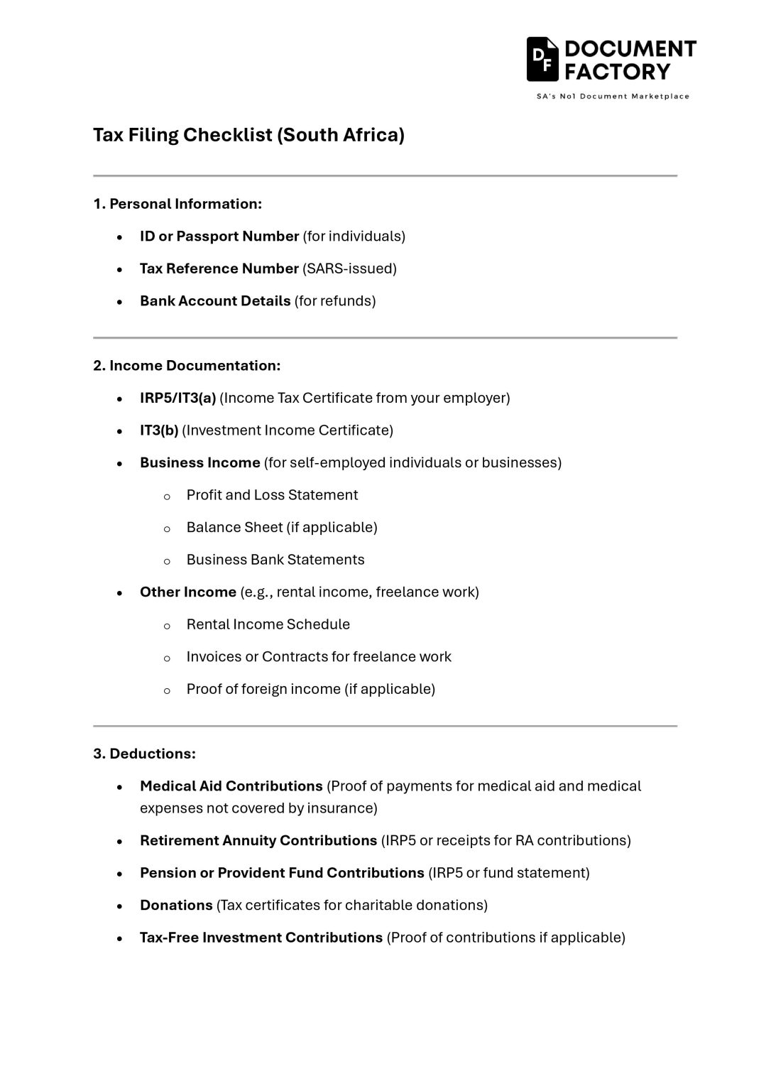 Tax Filing Checklist – Document Factory