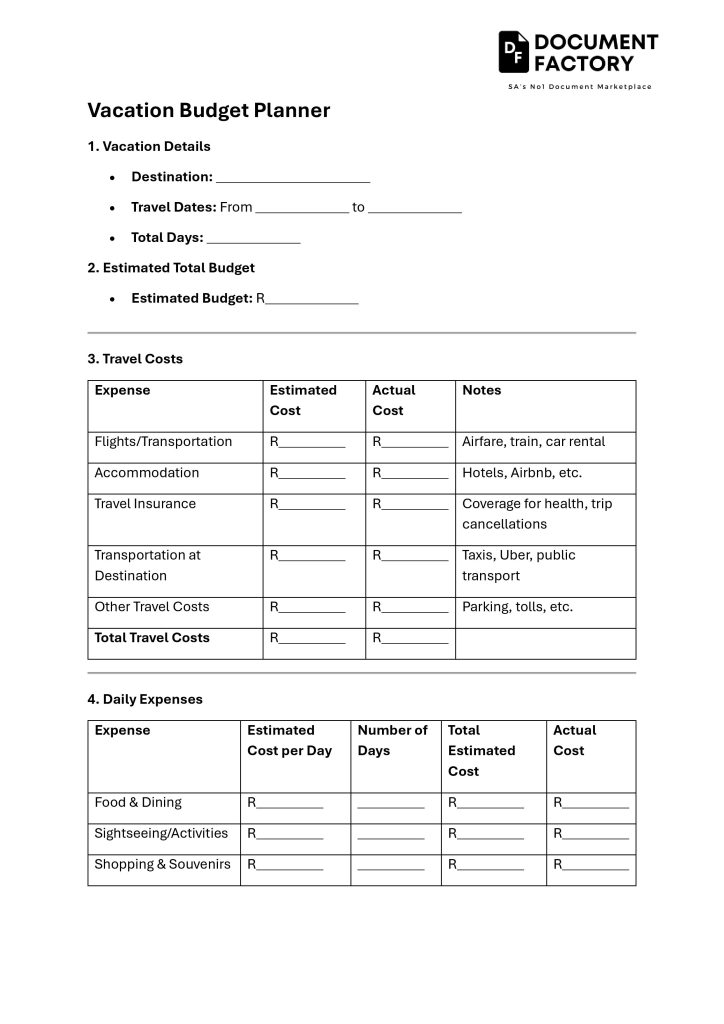 Vacation Budget Planner – Document Factory