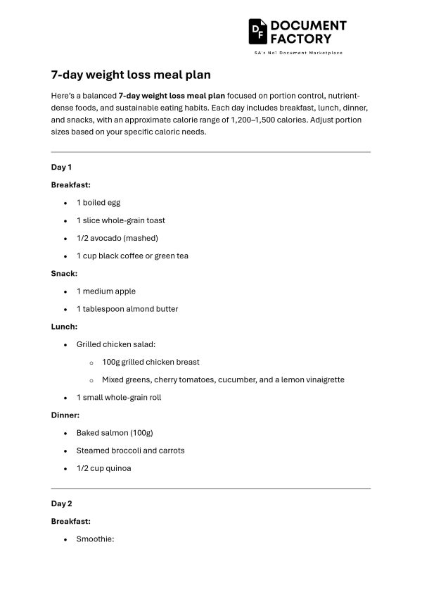 7-day weight loss meal plan – Document Factory